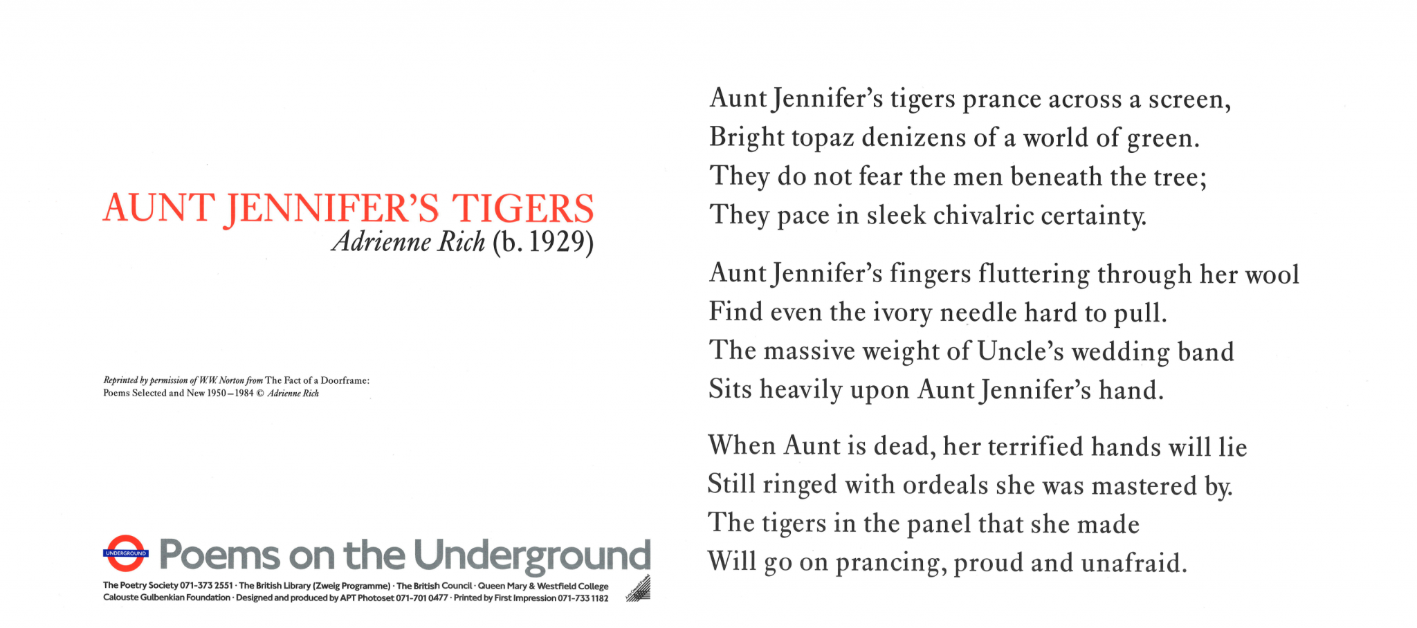 Aunt Jennifer’s Tigers – Poems on the Underground