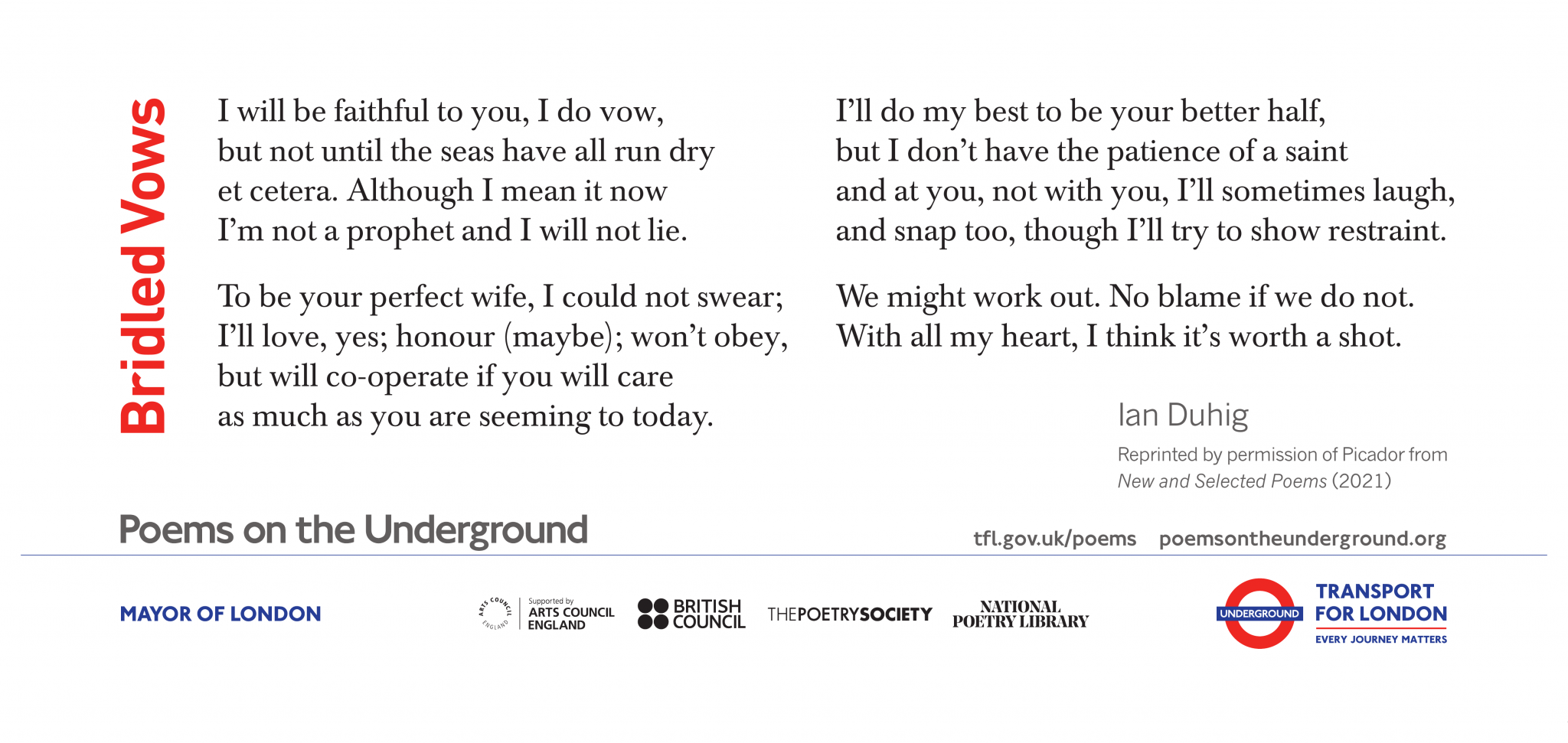 Bridled Vows by Ian Duhig – Poems on the Underground